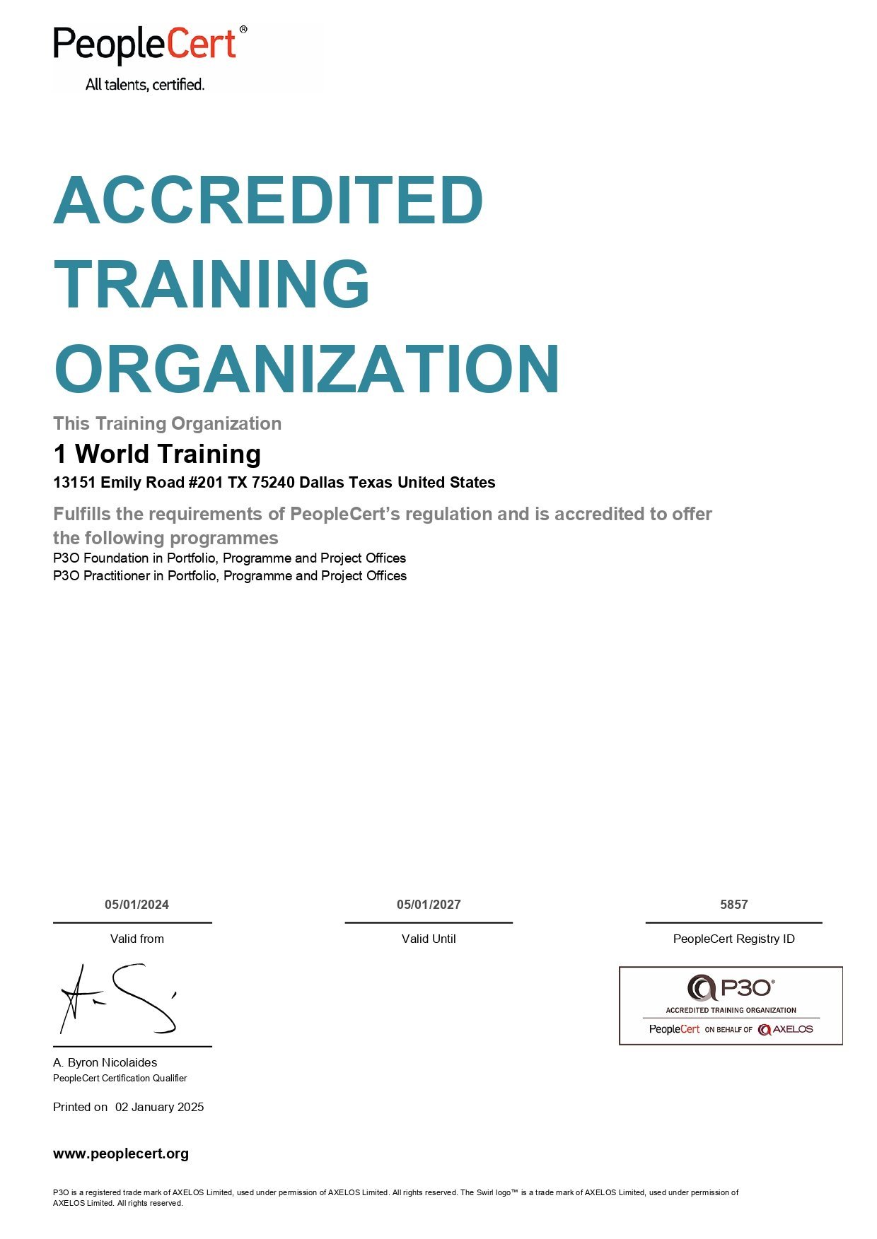 PeopleCert P3O® Authorized Accredited Training Organization | 1WTraining.UK
